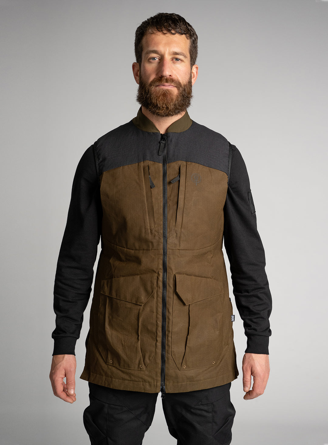 HeriTech Hinterland Pro Gilet | Khaki Waxed Cotton Gilet | ThruDark