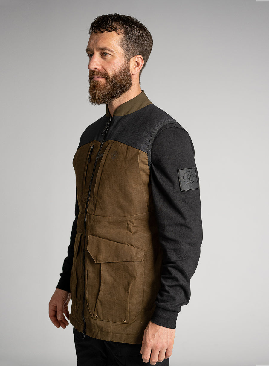 HeriTech Hinterland Pro Gilet | Khaki Waxed Cotton Gilet | ThruDark